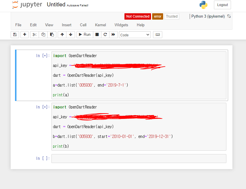 주피터노트북으로 OpendartReader를 사용하려는데, 결과값이 출력 안됩니다. (초보 질문) · Issue #35 · FinanceData/OpenDartReader ...