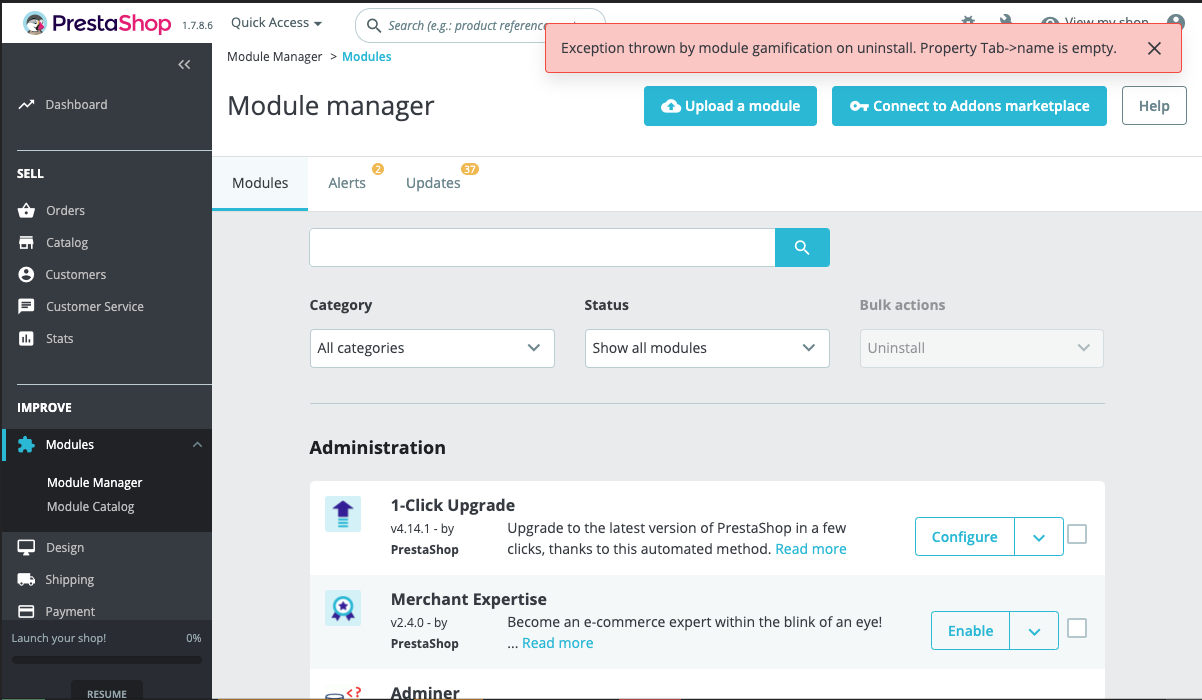 BO - Exception thrown by module gamification on uninstall. Property Tab->name is empty. · Issue ...