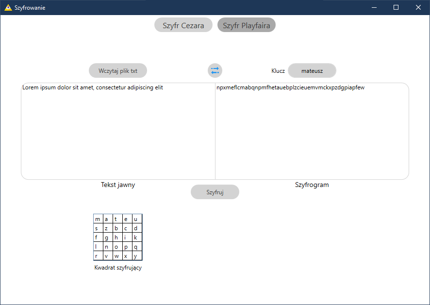 GitHub - pawelptak/Szyfry: Encrypt/decrypt text using Caesar or Playfair cipher (WPF, C#).