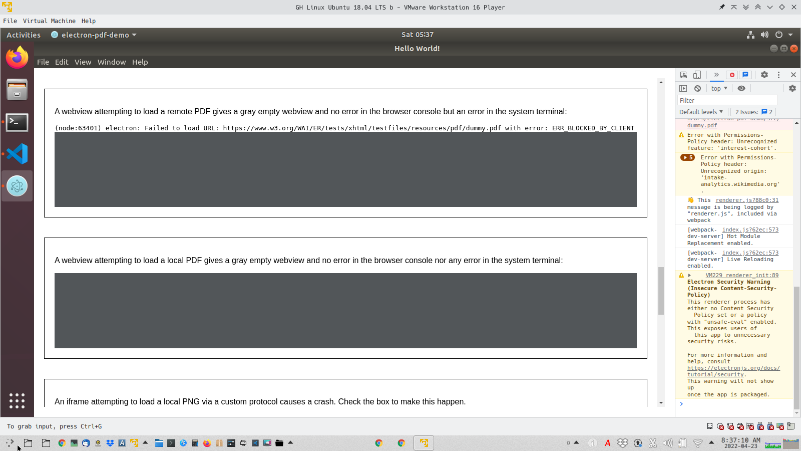 [Bug]: Can't embed remote or local PDFs in iframes or webviews; crash when using custom protocol ...