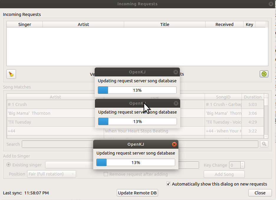 Updating Remote DB multiple progress windows. · Issue #123 · OpenKJ/OpenKJ · GitHub