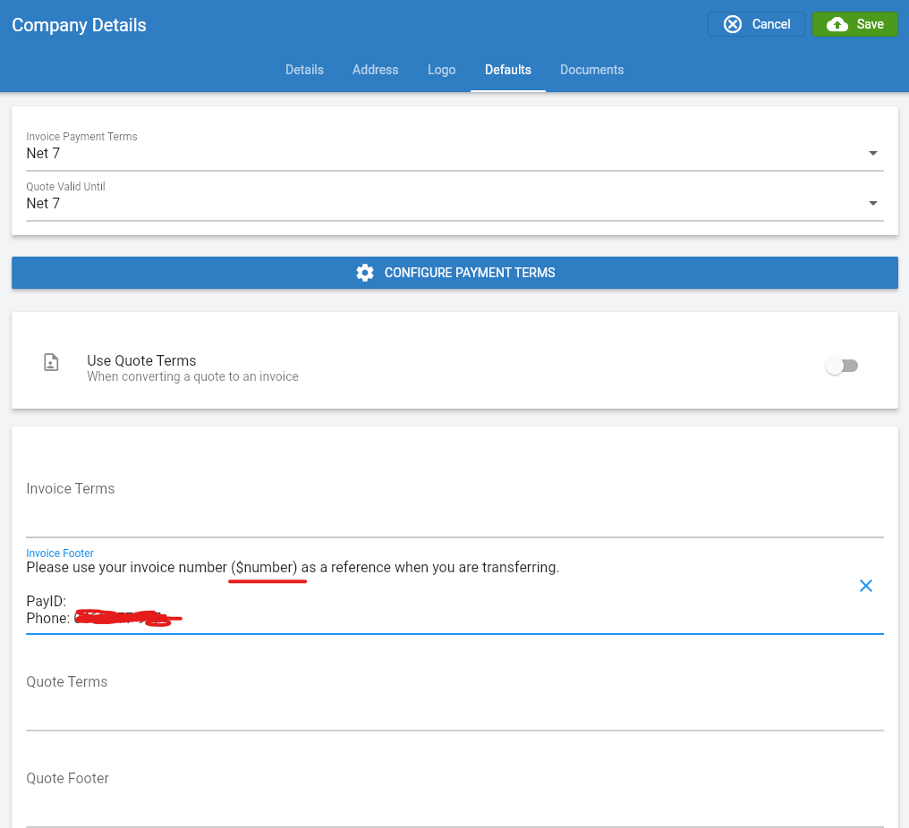 Allow use of variables (eg. $number) in Invoice Footer/Invoice Terms & Quote Terms/Quote Footer ...