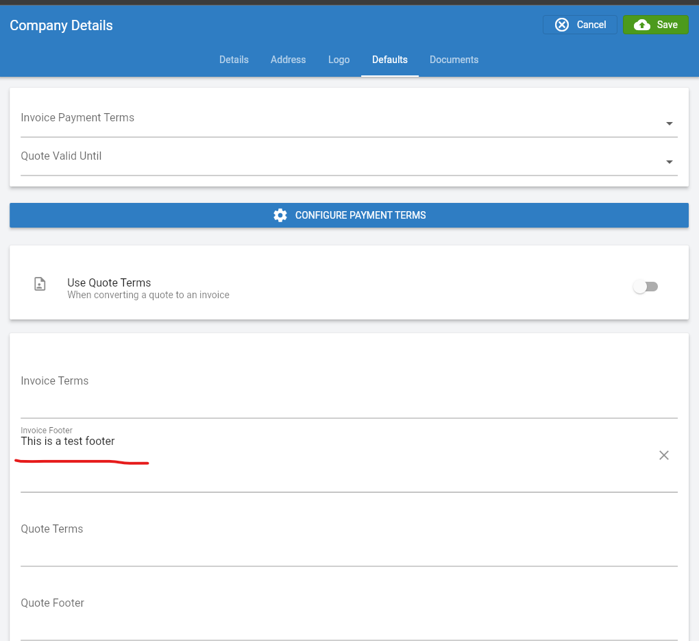 Company Defaults: Footer, Terms etc. not updating properly for invoice design preview · Issue ...