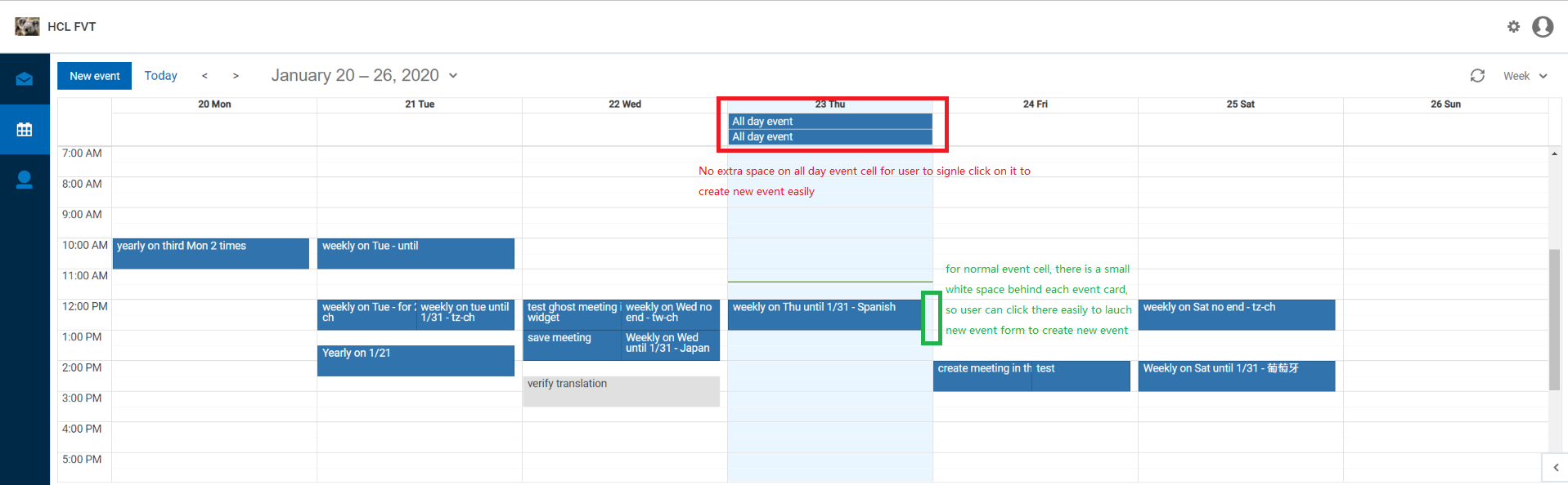 No extra blank space on all day event cell to click for creating more all day events easily ...