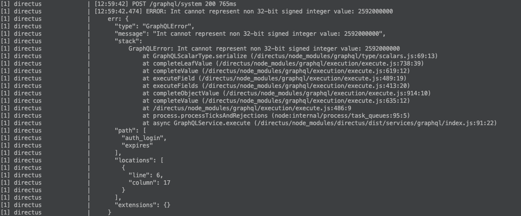 GraphQL System Error when logging in: Int cannot represent 32-bit signed integer value (expires ...