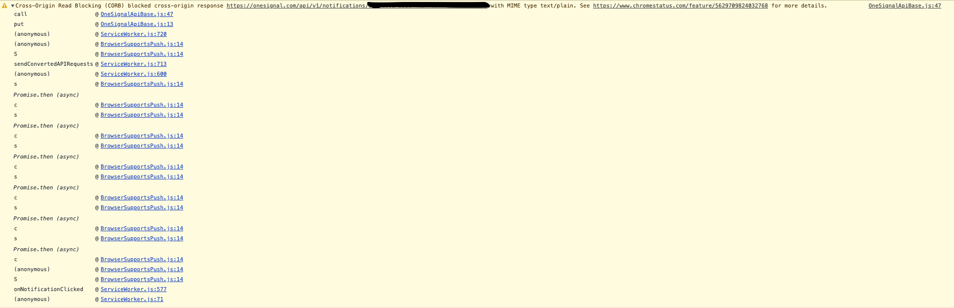 addListenerForNotificationOpened OneSignal callback is not getting called (CORS error & CORB ...