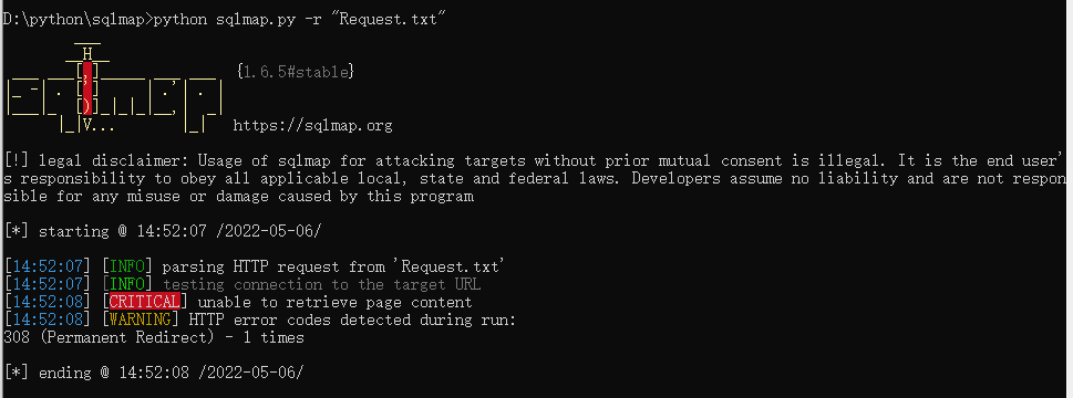 I executed python sqlmap.py -r xxx .txt, showing 308, please how do I solve it？ · Issue #5090 ...
