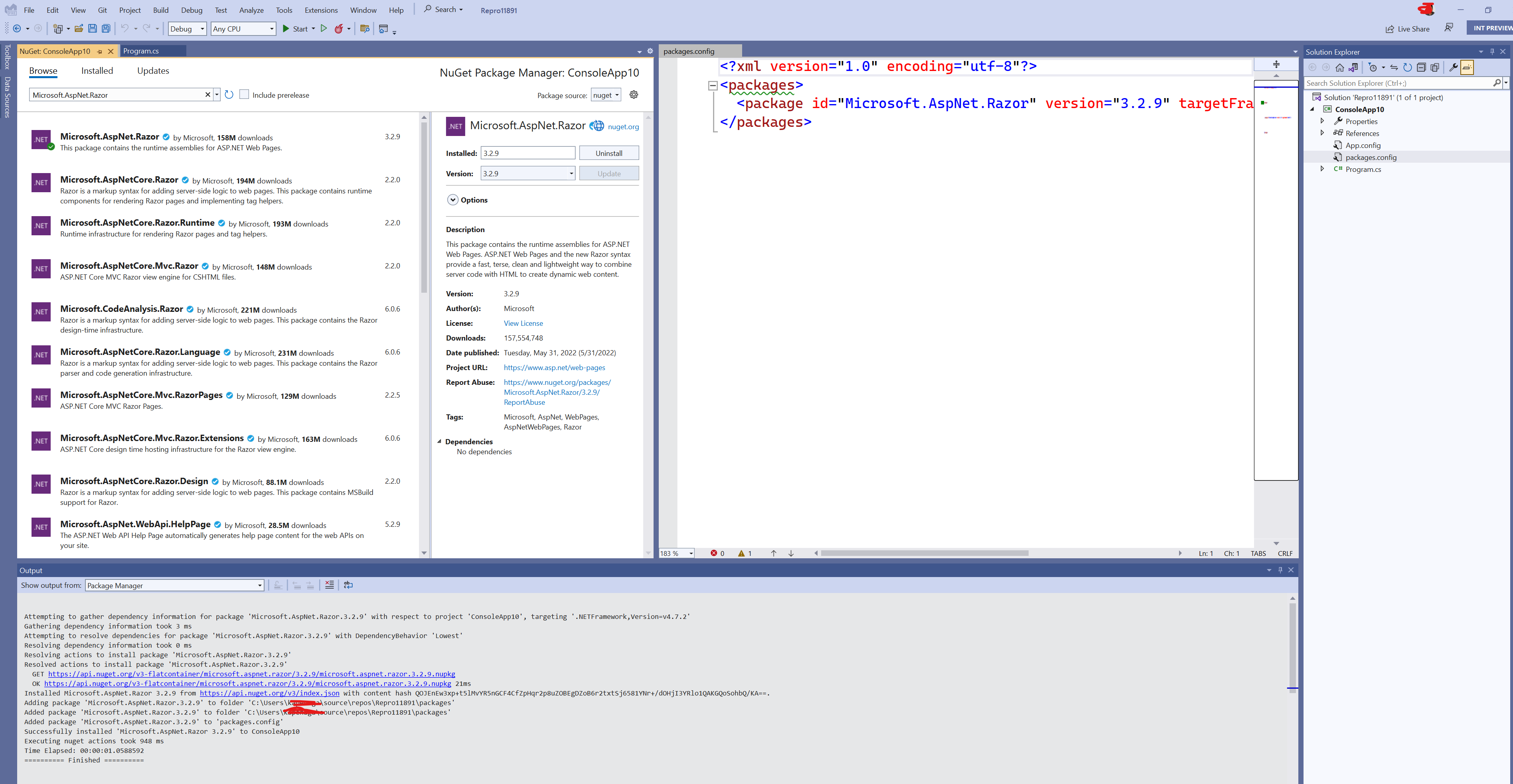 [bug] [client Policy]there Is An Error Nu3034 “package Microsoft Aspnet Razor 3 2 9 From