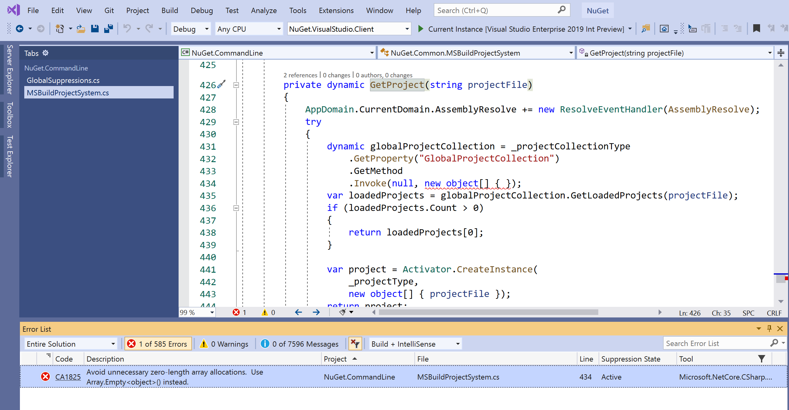 FXCop Analyzer CA1825 raises a warning eventhough it is suppressed in GlobalSupression.cs ...