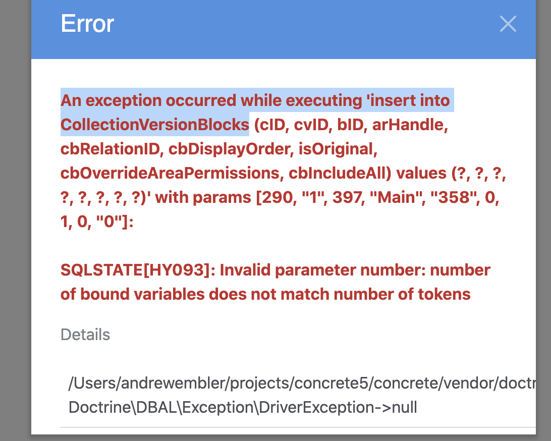 "An exception occurred while executing 'insert into CollectionVersionBlocks" when changing page ...