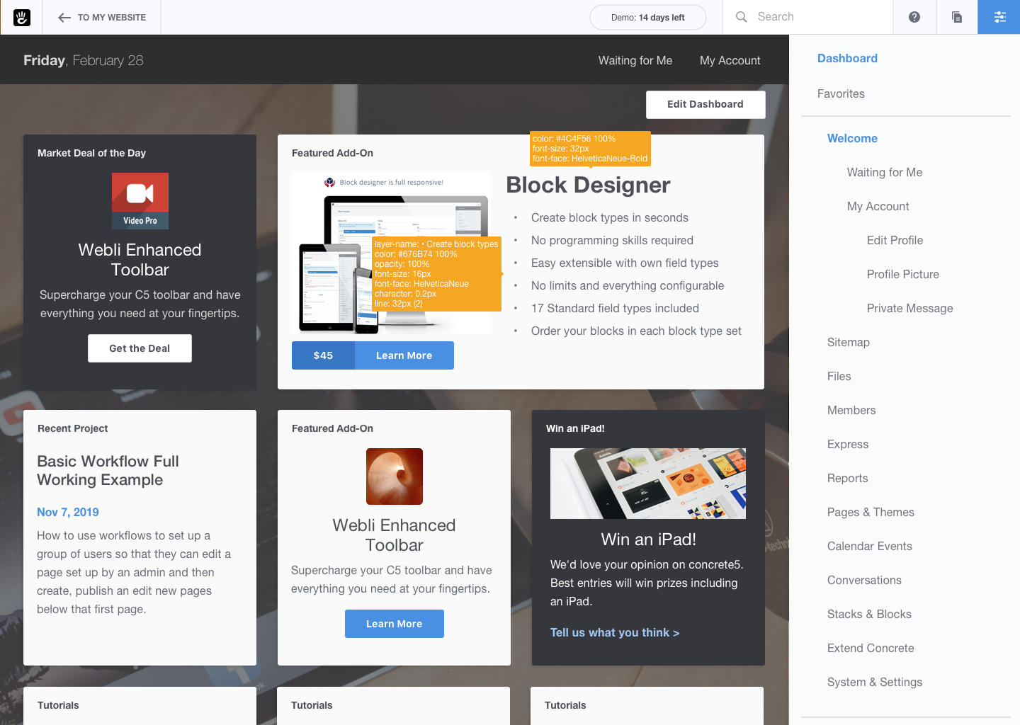 Welcome back Dashboard screen UI updates. · Issue #8469 · concretecms ...