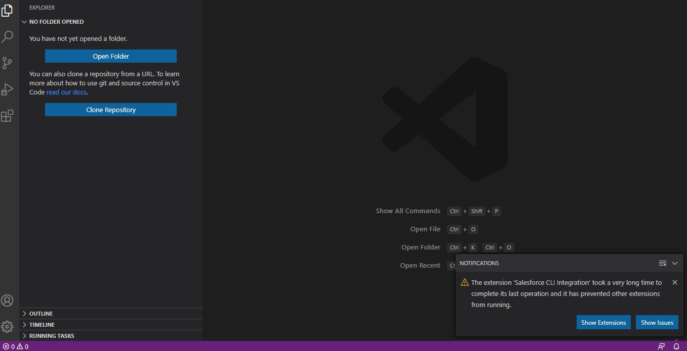 Not Able to create project and Authorize an org. VS code is stuck in Activating Extensions ...