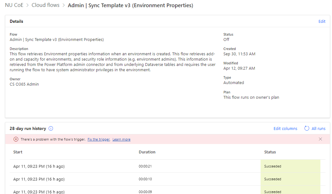 [CoE Starter Kit - BUG] Admin | Sync Template v3 (Environment Properties) "problem with flows ...