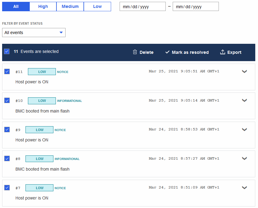 Filtered Event logs by severity "ALL" events remain selected even if we switch to the other ...