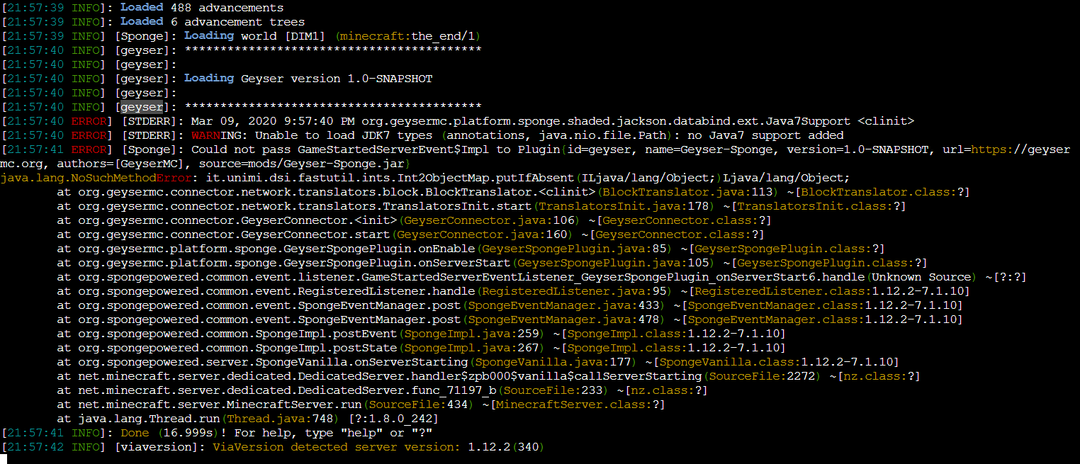 Sponge Plugin Startup Failed · Issue 198 · Geysermc Geyser · Github