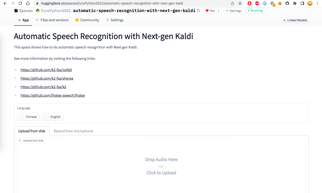 Try pre-trained models on huggingface spaces · Issue #480 · k2-fsa/icefall · GitHub