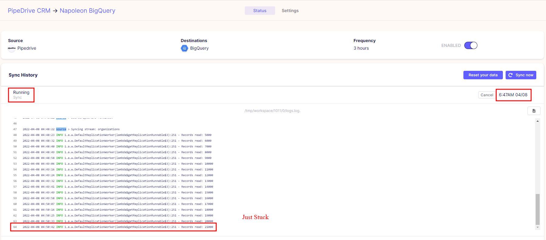 Source Pipedrive: sync job just stuck without any errors · Issue #11827 · airbytehq/airbyte · GitHub