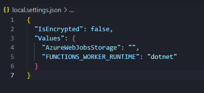 The setting "FUNCTIONS_WORKER_RUNTIME" is "dotnet-isolated" after creating a C# project with ...
