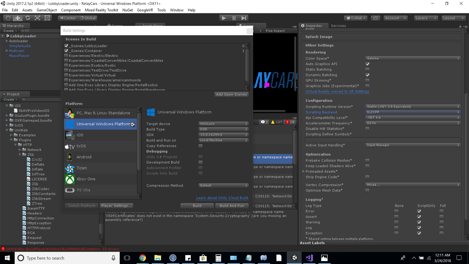 My UWP unity build seems to crash whenever I try to incorporate the Holotoolkit into the project ...