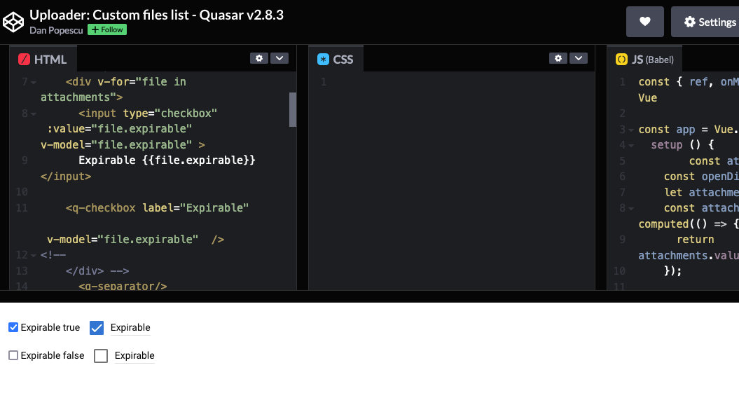 Dynamic component using checkbox v-model changed after click outside · quasarframework quasar ...