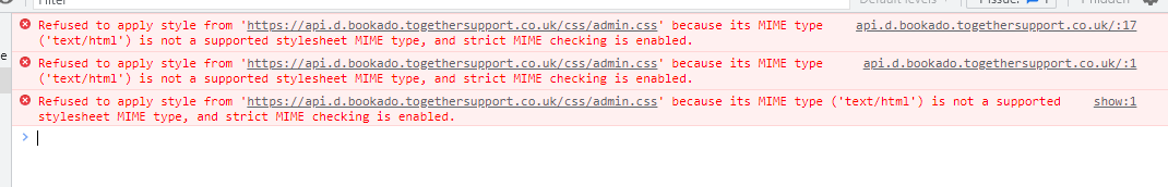 Refused to apply style from [URL/css/admin.js] because its MIME type ('text/html') is not a ...