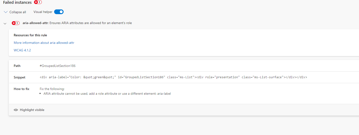 DetailsList - Grouped shows 'ARIA attribute cannot be used, add a role attribute or use a ...