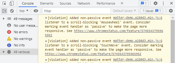 Chrome complains about non-passive event listeners · Issue #930 · liabru/matter-js · GitHub