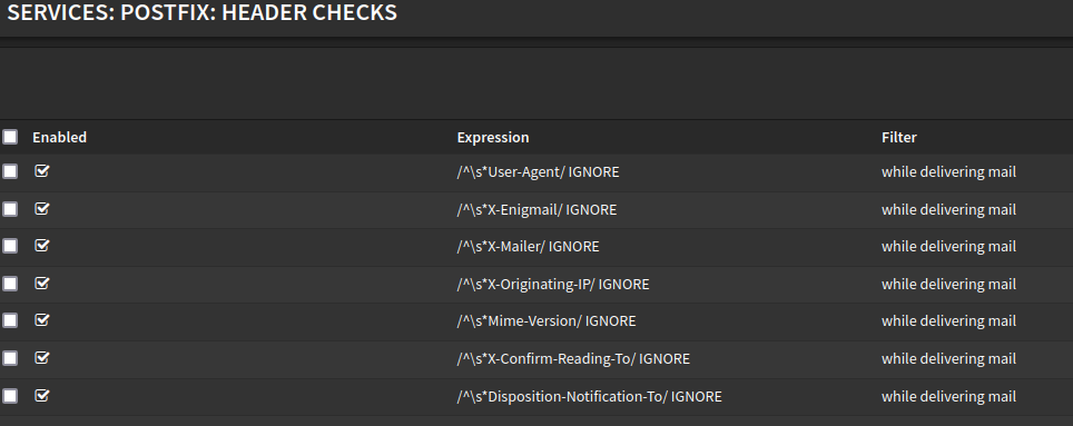 mail/postfix: regexp map /usr/local/etc/postfix/header_checks_delivering, line xy: trailing ...