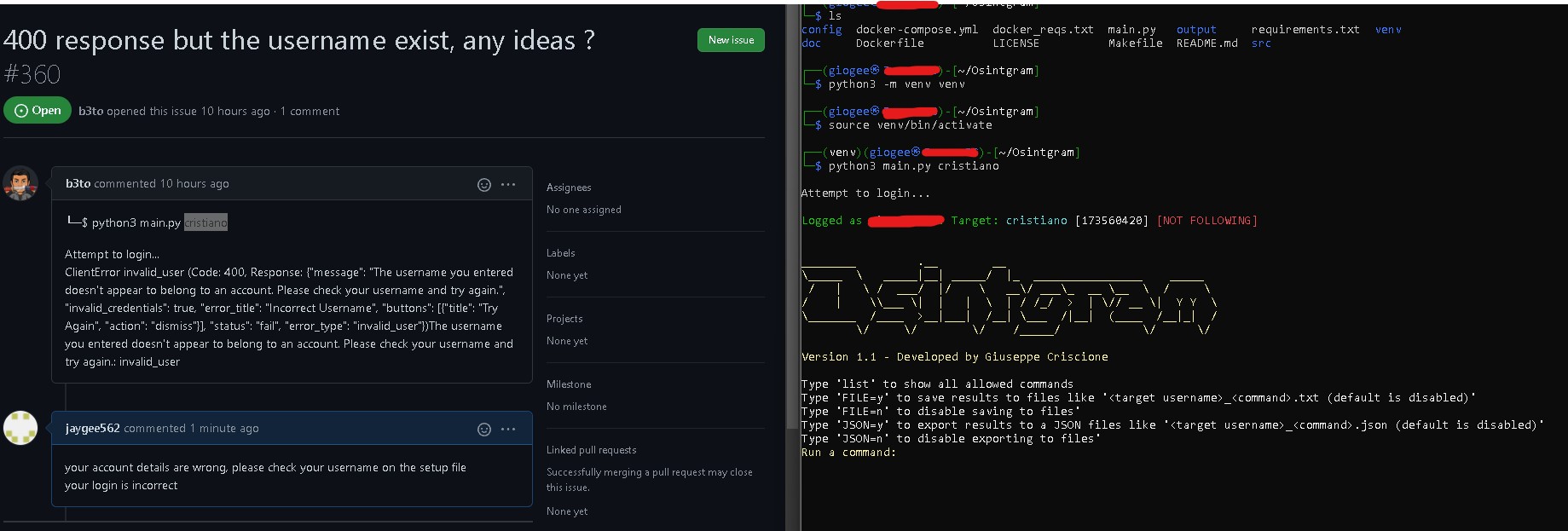 400 response but the username exist, any ideas ? · Issue #360 · Datalux/Osintgram · GitHub