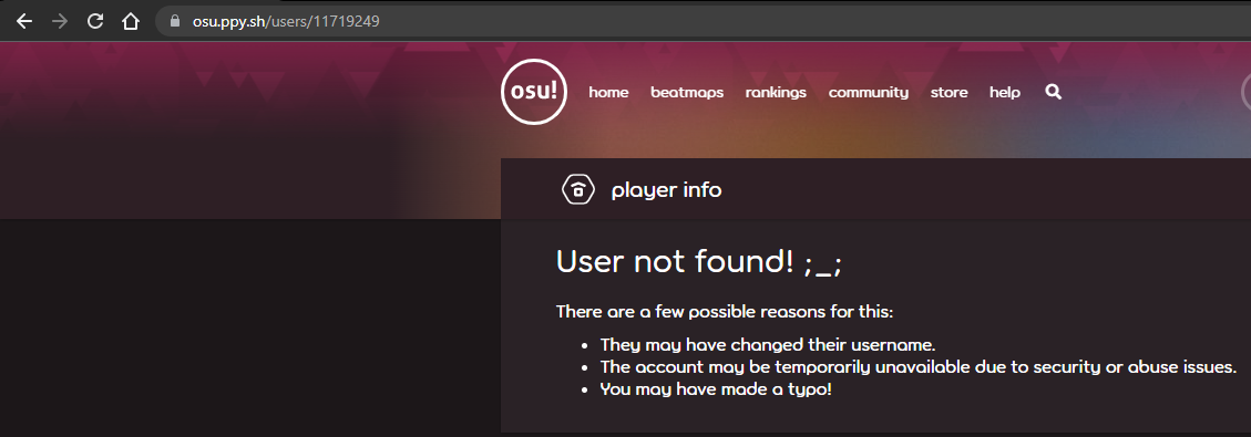 Show web warning when the requested user is unavailable · ppy osu · Discussion #16383 · GitHub