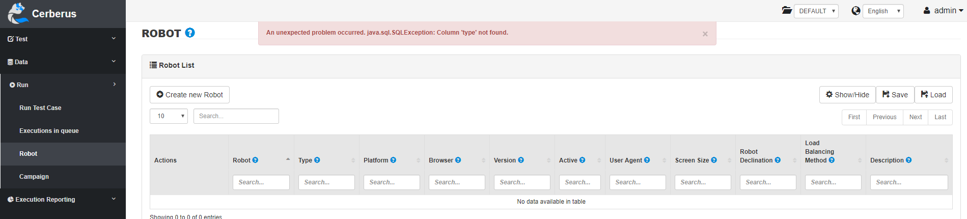 Errror on Robot page - An unexpected problem occurred. java.sql ...