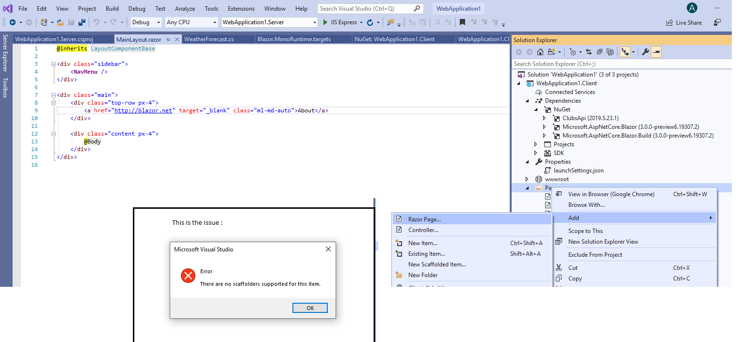 Scaffolder issue in razor client · Issue #12358 · dotnet/aspnetcore · GitHub