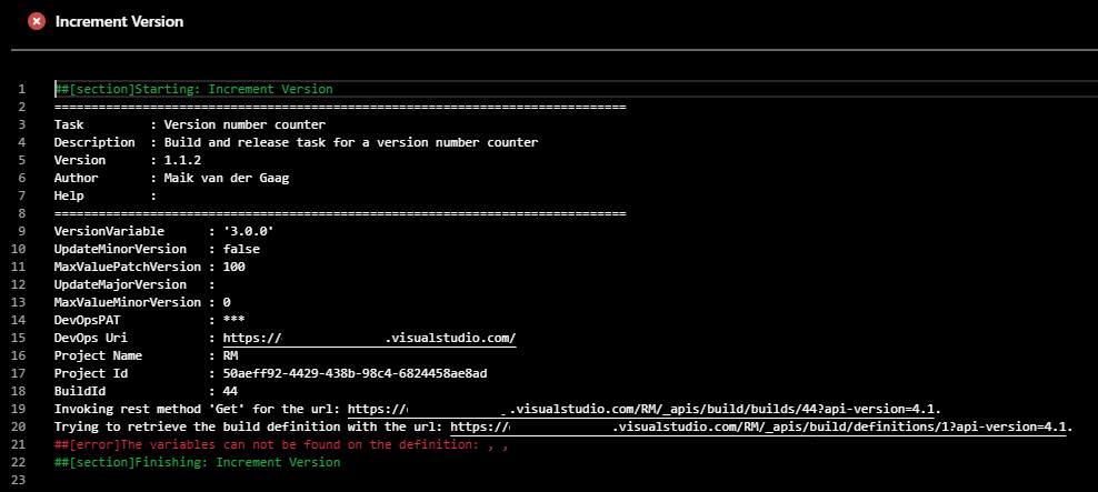 Version number counter task fails - The variables can not be found on the definition ...