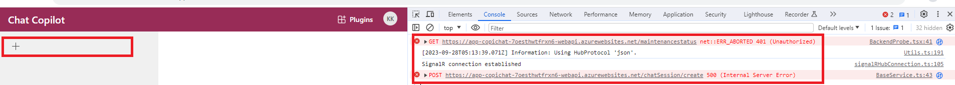 Unable to create new chat session and I am getting 500 status code. · Issue #414 · microsoft ...