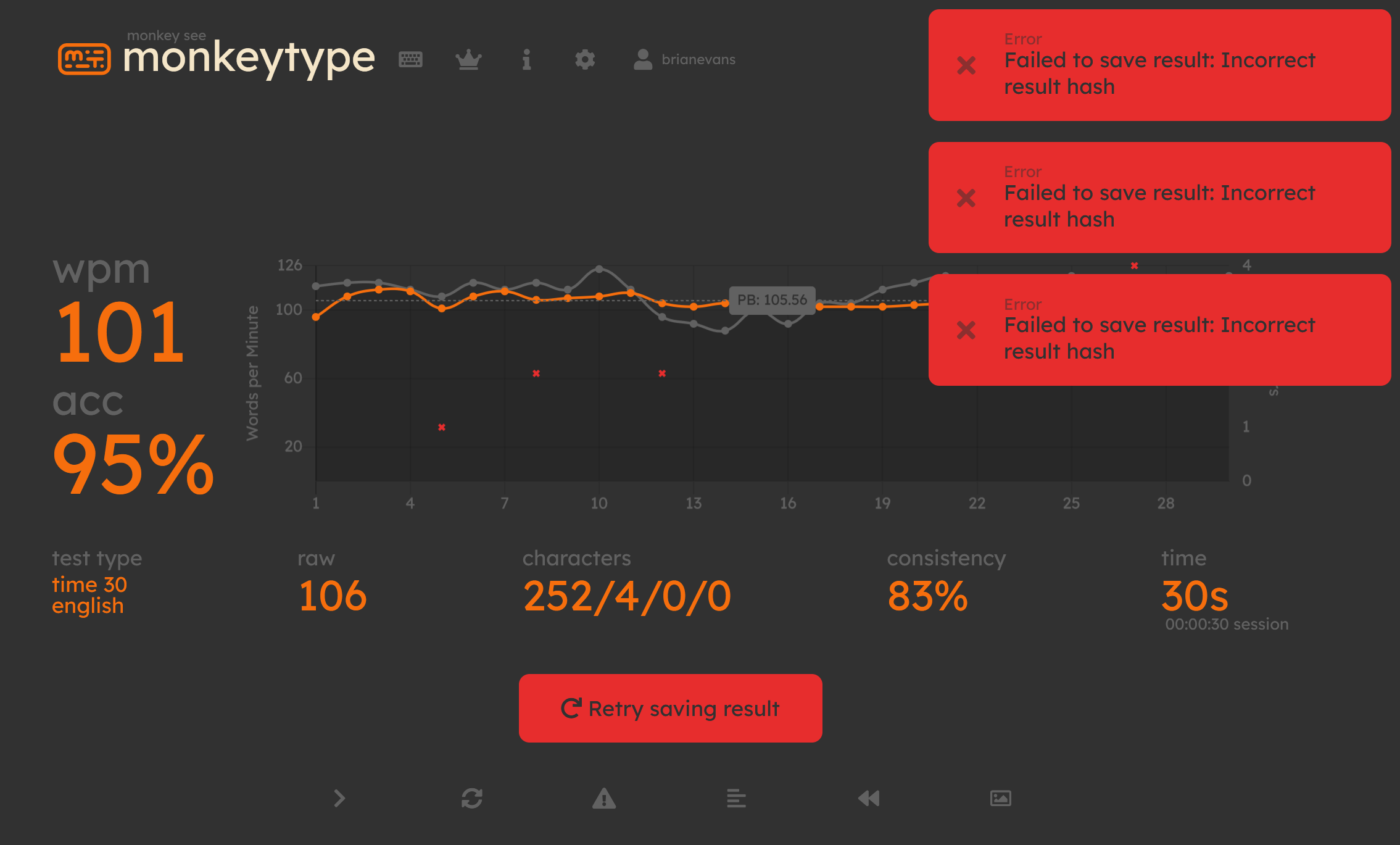 Failed to save result: incorrect result hash · Issue #2389 · monkeytypegame/monkeytype · GitHub