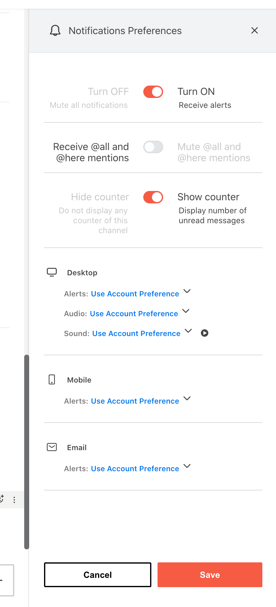 Channel notification preferences save absolute value rather than "Use account preference ...