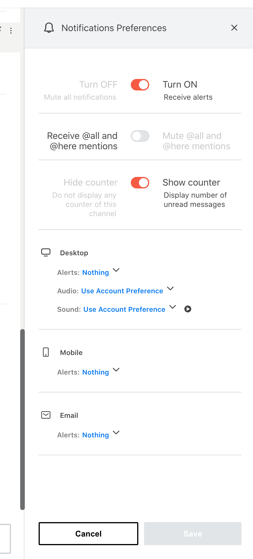 Channel notification preferences save absolute value rather than "Use account preference ...