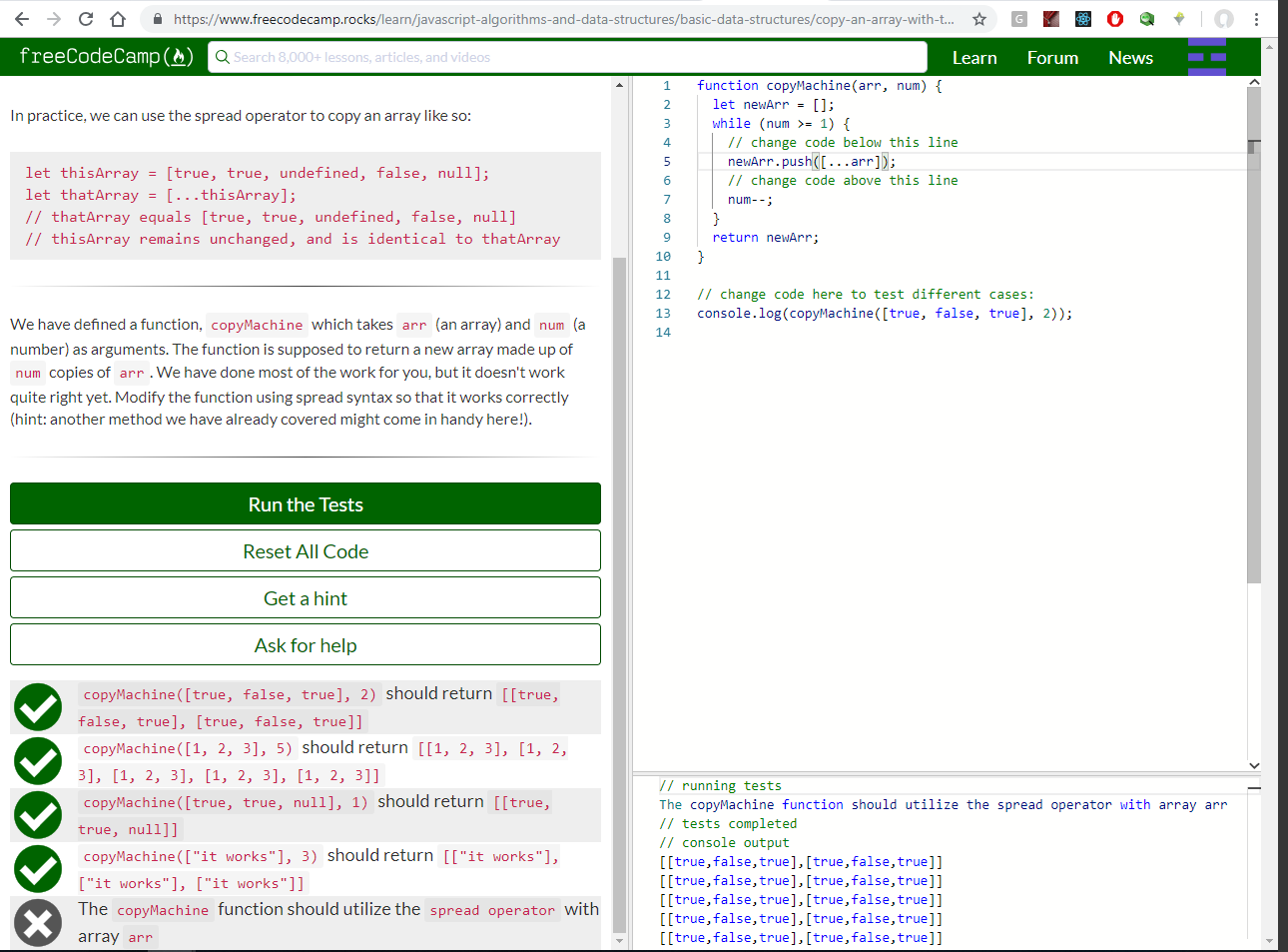 Solution passes on current production but fails on beta site for Copy an Array with the Spread ...