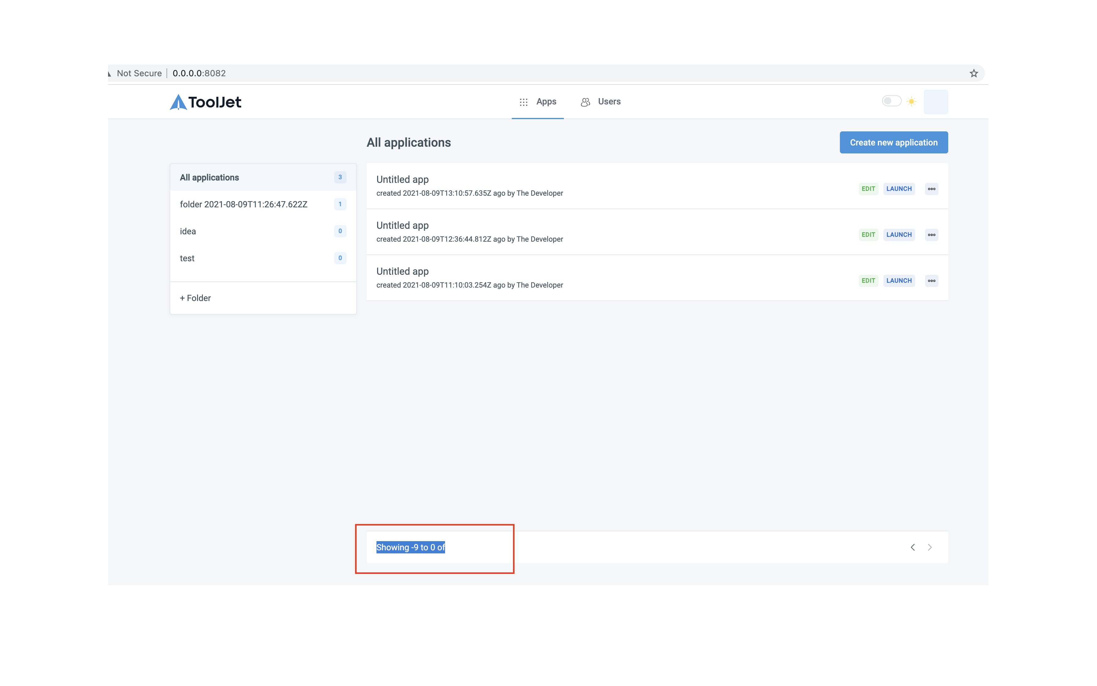 Dashboard- Apps view showing incorrect numbering on footer · Issue #492 · ToolJet/ToolJet · GitHub
