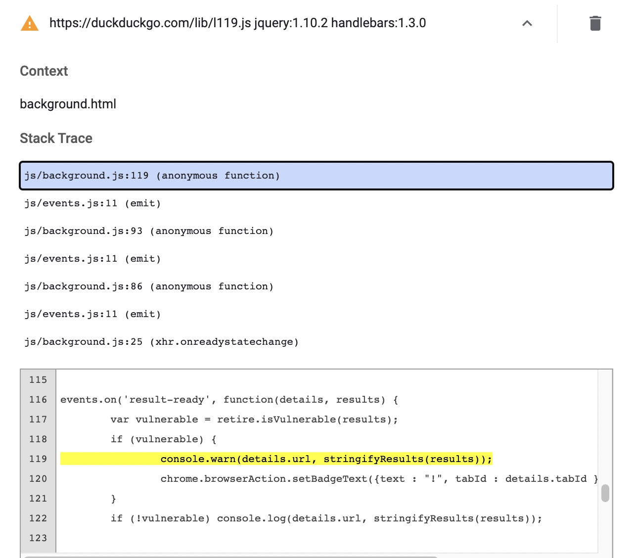 Chrome error - uncaught exception · Issue #350 · RetireJS/retire.js · GitHub