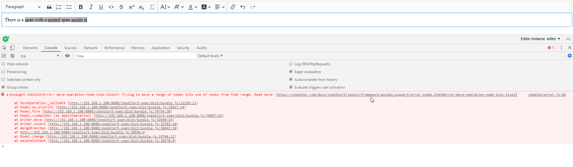 Deleting custom span element results in JavaScript error · Issue #5781 · ckeditor/ckeditor5 · GitHub