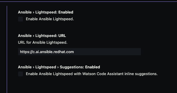 Disabling Lightspeed in settings does not disable features · Issue #859 · ansible/vscode-ansible ...