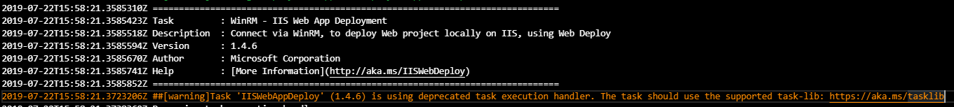 Task 'IISWebAppDeploy' (1.4.6/1.4.7) is using deprecated task execution handler. The task should ...