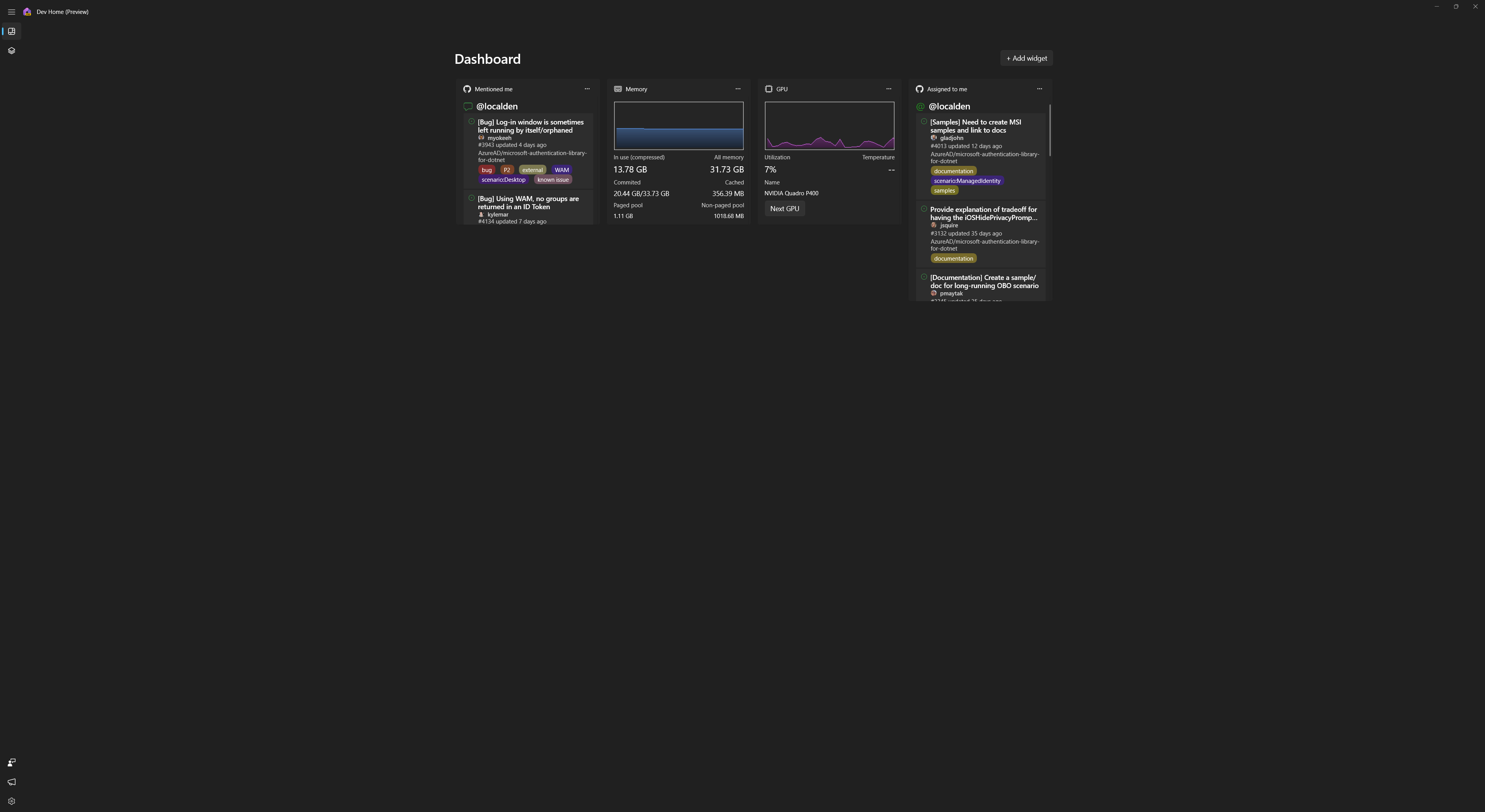GitHub widgets are almost useless on large screens · Issue #724 · microsoft/devhome · GitHub
