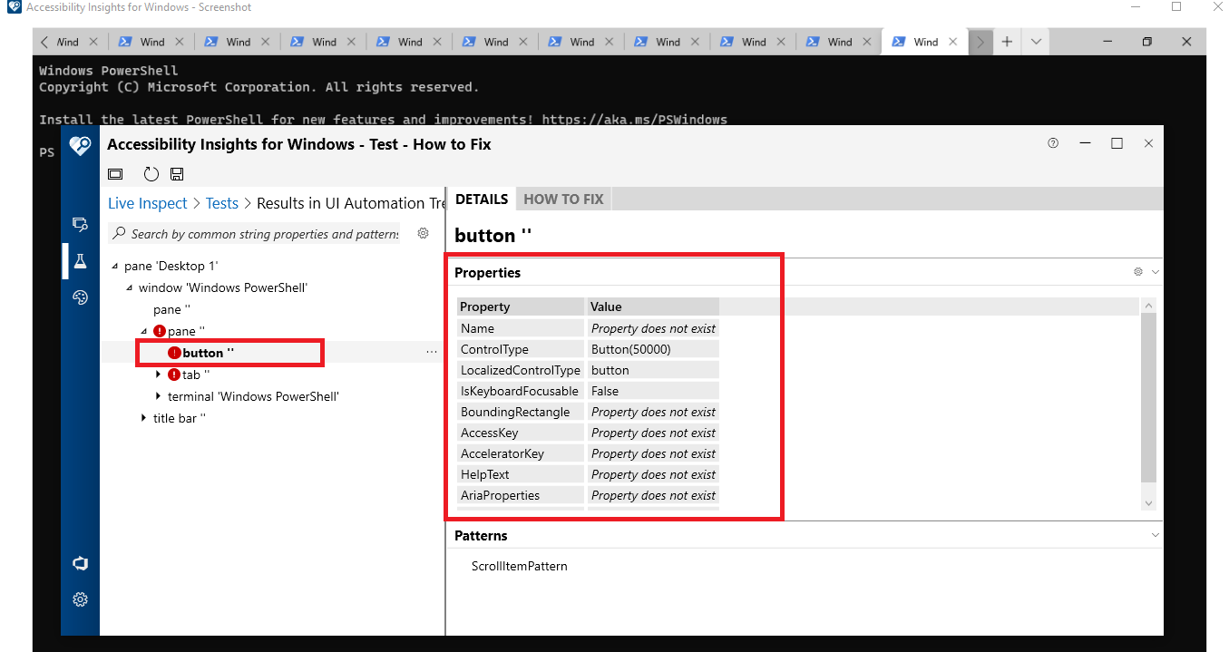 [Screen Reader - Windows Powershell]: A button must support one of these patterns: Invoke ...