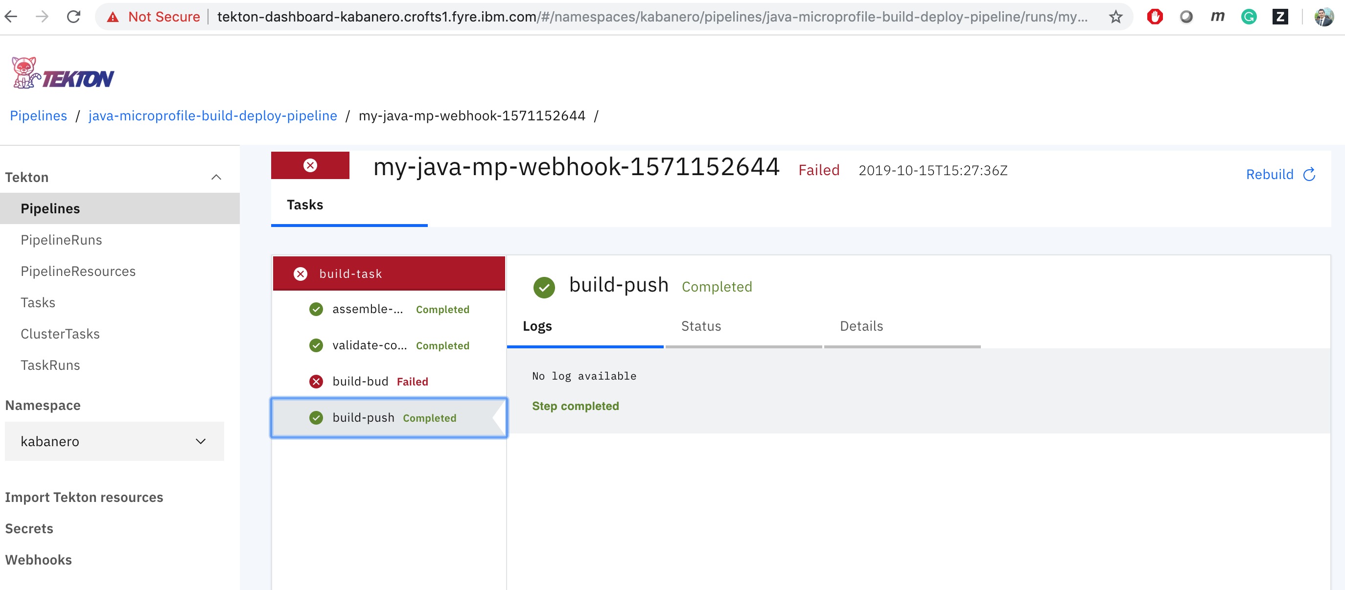 If the build step in tekton pipeline fails, tekton dashboard shows the push step as green ...