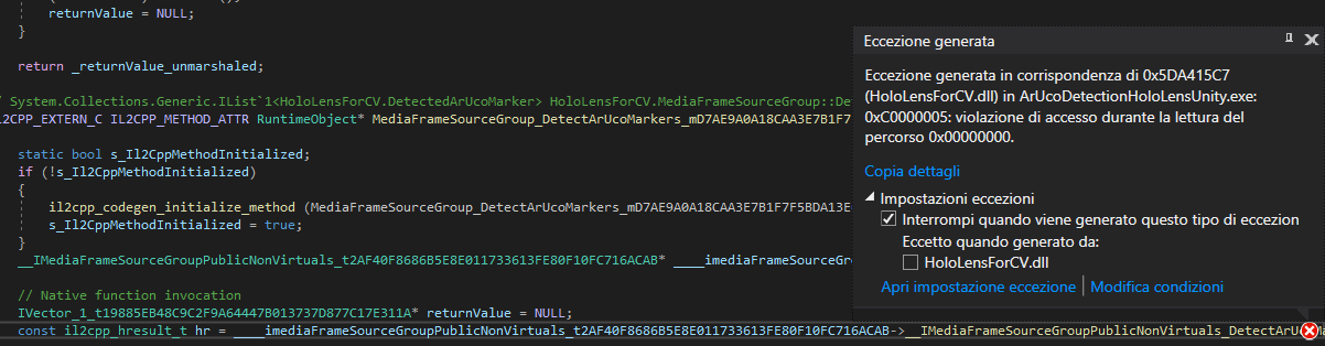 Exception when running the ArUcoDetection example scene on Hololens 1. · Issue #11 · doughtmw ...