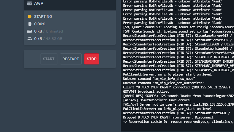 Server console not refreshing automatically upon restart (and disk/ram/cpu values not showing ...