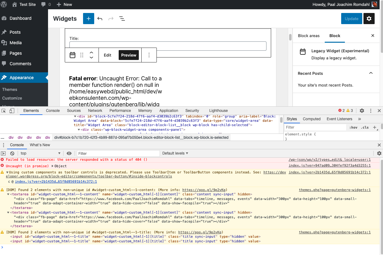 Previewing a legacy widget shows error · Issue #25749 · WordPress/gutenberg · GitHub