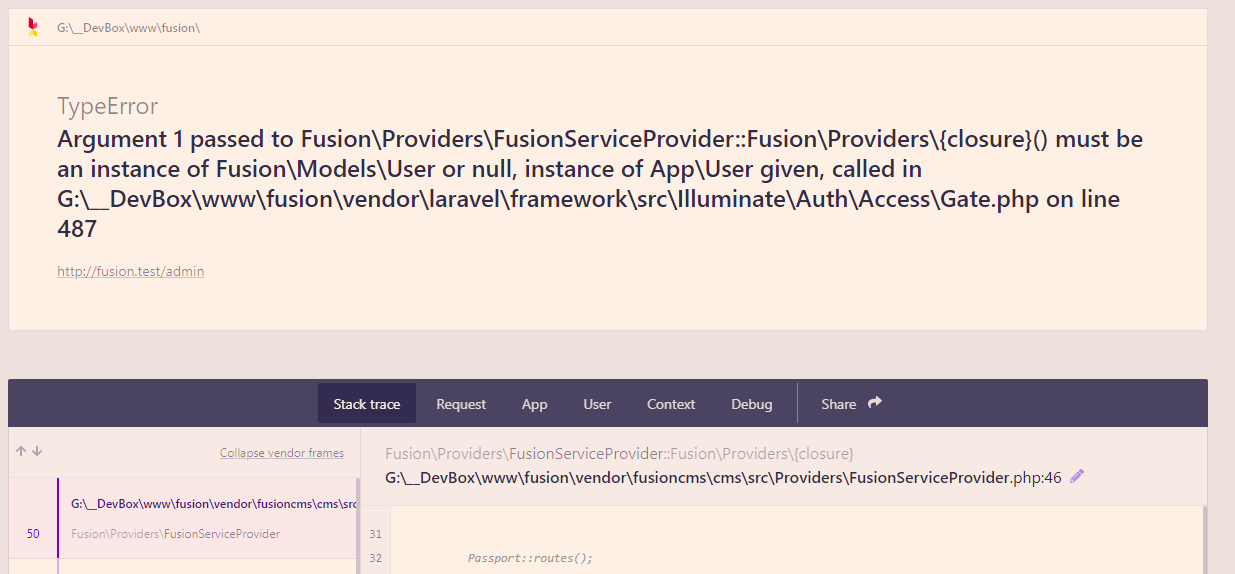 TypeError: Argument 1 passed to Fusion\Providers! · Issue #552 · fusioncms/fusioncms · GitHub